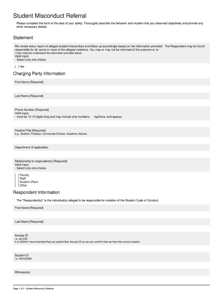 Fillable Online Student Misconduct Referral. Dean of Students Office ...