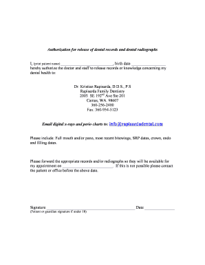 Fillable Online Authorization for release of dental records and dental ...