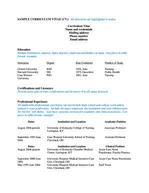 Fillable Online SAMPLE CURRICULUM VITAE (CV): All directions are highlighted in italics Fax ...