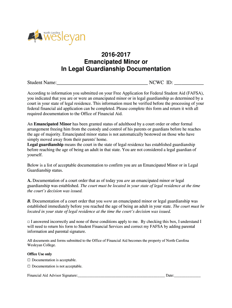 Fillable Online ncwc 2016-17 Legal Guardianship and Emanicpated Minor ...