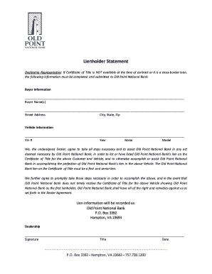 Fillable Online Lienholder Statement - Old Point National Bank Fax ...