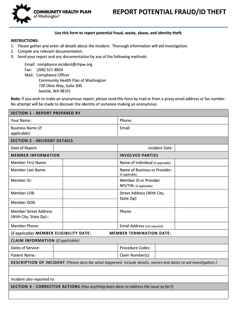 Fillable Online report potential fraud/id theft - Community Health Plan ...