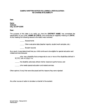 Fillable Online state nj Sample Written Notice Following a Reevaluation ...