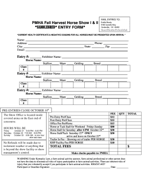 Fillable Online PMHA Fall Harvest Horse Show I & II *SADDLEBRED* ENTRY ...