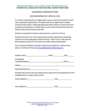 Fillable Online brashiermiddlecollege SHADOWING AGREEMENT FORM JOB ...