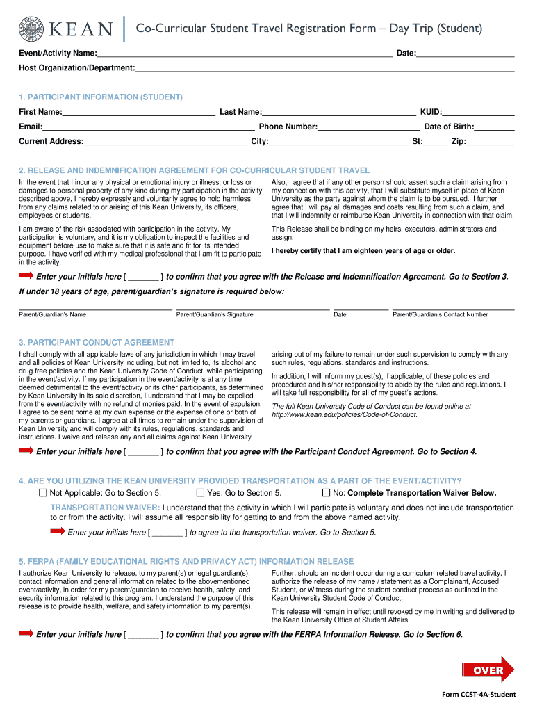 Fillable Online kean Co-Curricular Student Travel Registration Form Day ...
