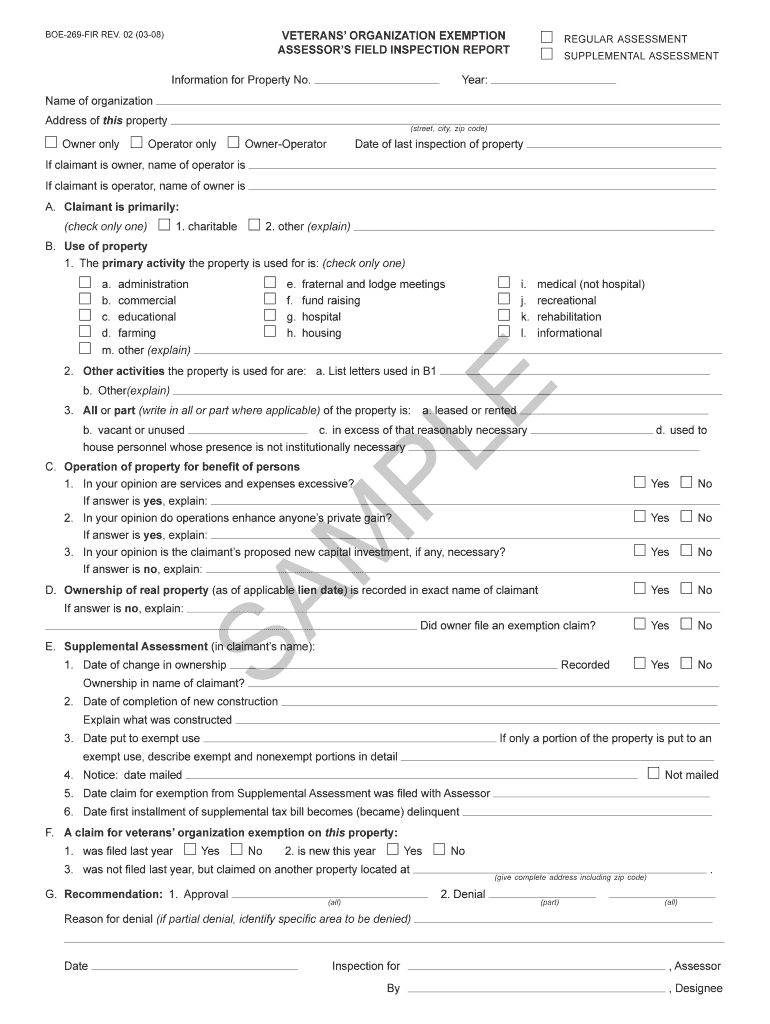 Fillable Online boe ca Veterans' Organization Exemption Assessor's ...