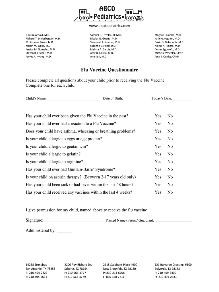Fillable Online Flu Vaccine Questionnaire - ABCD Pediatrics Fax Email ...