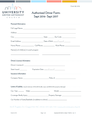 Fillable Online universityumc Authorized Driver Form 2016-2017 Personal ...