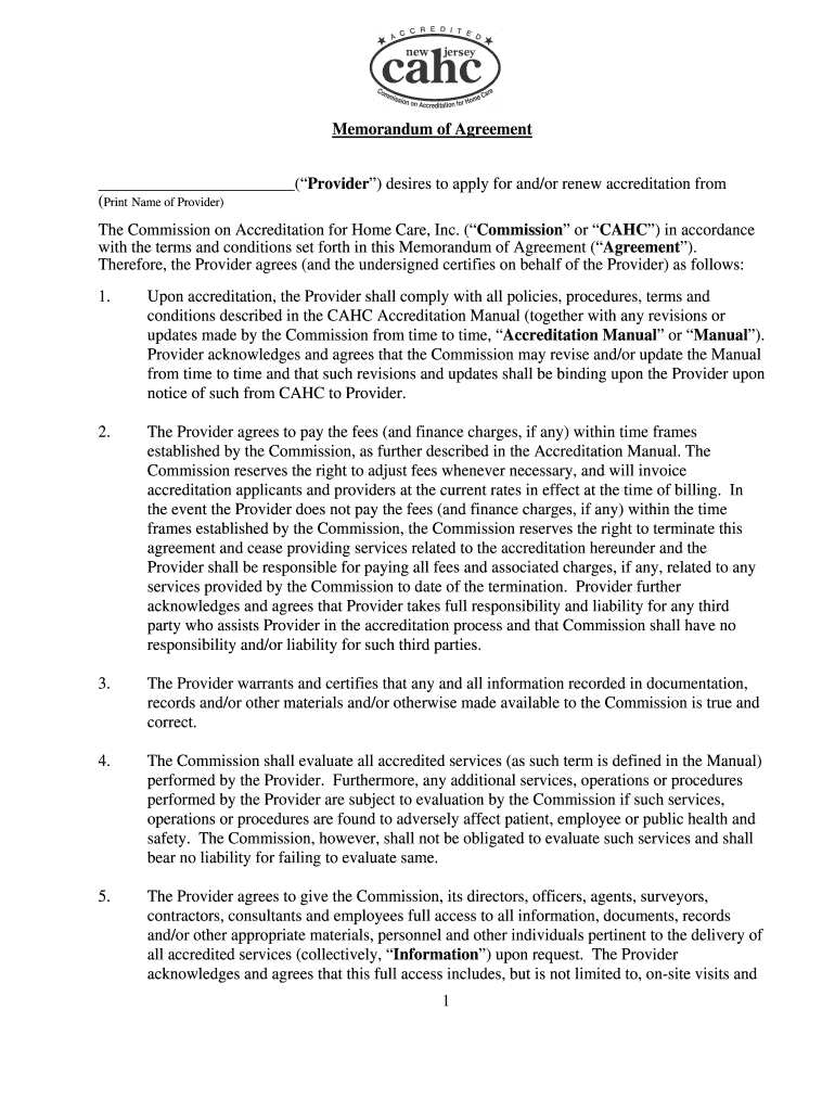 Fillable Online cahcnj CAHC Revised Memo of Agreement-Oct 2011 Fax ...