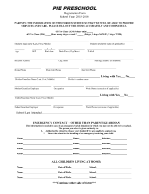 Fillable Online pieschools PIE Preschool Registration Form: 2015-2016 ...