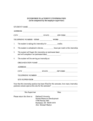 Fillable Online INTERNSHIP PLACEMENT CONFIRMATION - Oakland University ...