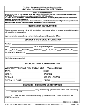 Fillable Online lee army Civilian Personnel Weapon Registration Fax Email Print - pdfFiller