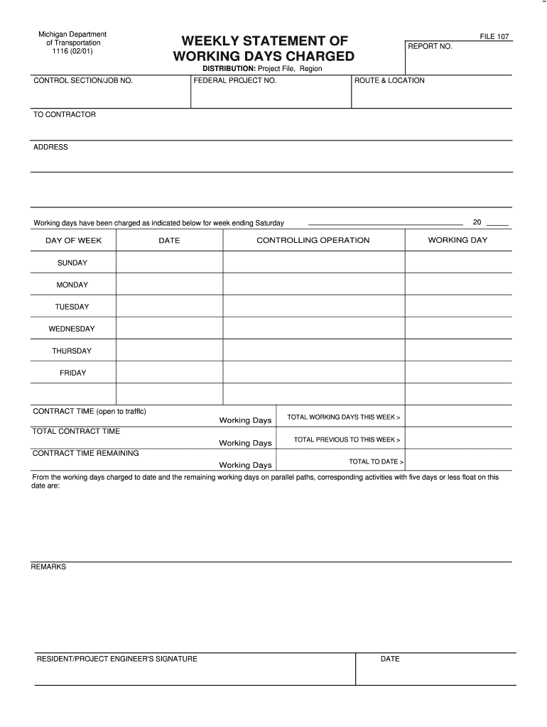 Fillable Online WEEKLY STATEMENT OF WORKING DAYS CHARGED Fax Email ...