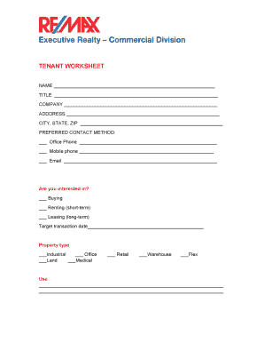 Fillable Online REMAX tenant worksheet.docx Fax Email Print - pdfFiller