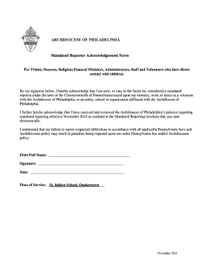 Fillable Online Mandated Reporter Acknowledgement Form ARCHDIOCESE ...