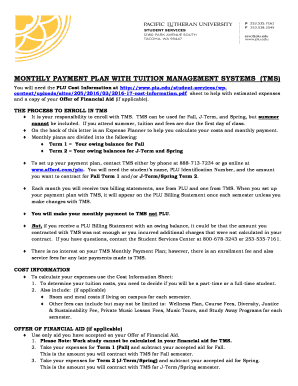 Fillable Online plu MONTHLY PAYMENT PLAN WITH TUITION MANAGEMENT ...