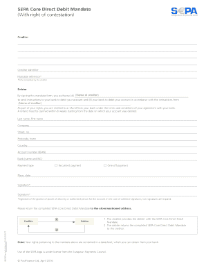 Fillable Online postfinance SEPA Core Direct Debit Mandate (With right ...