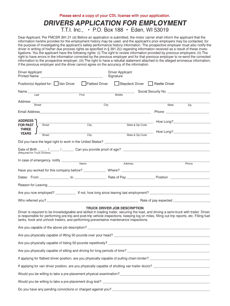 Fillable Online drivers application for employment - TTI Fax Email ...