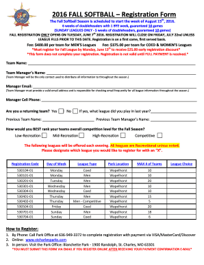 Fillable Online 2016 FALL SOFTBALL Registration Form Fax Email Print ...