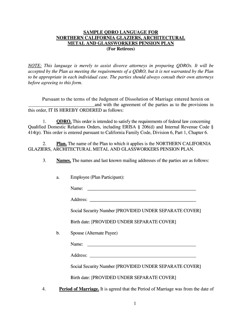 Fillable Online norcalglazierstrust SAMPLE QDRO LANGUAGE FOR Fax Email ...