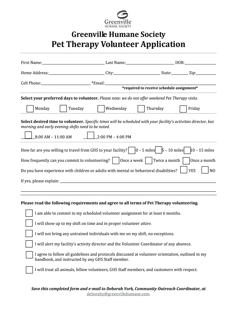 Fillable Online Pet Therapy Volunteer Application - Greenville Humane ...