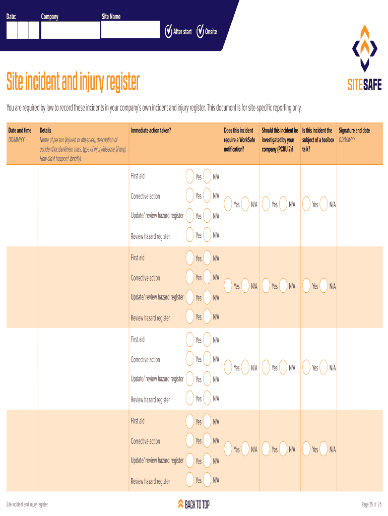 Fillable Online Site incident and injury register - Site Safe Fax Email ...