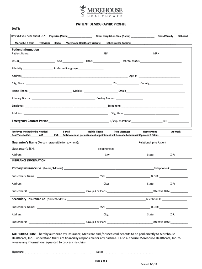 Fillable Online PATIENT DEMOGRAPHIC PROFILE Fax Email Print - pdfFiller