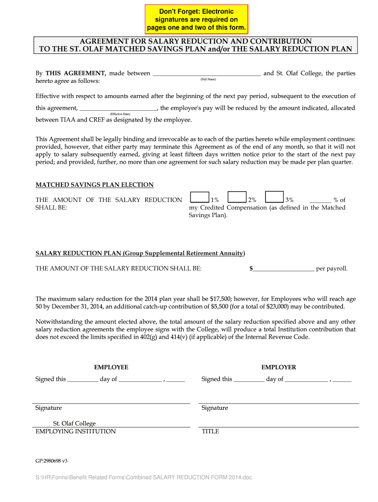 Fillable Online AGREEMENT FOR SALARY REDUCTION AND CONTRIBUTION Fax Email Print - pdfFiller
