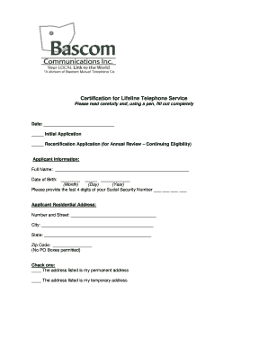 Fillable Online Certification for Lifeline Telephone Service Fax Email ...