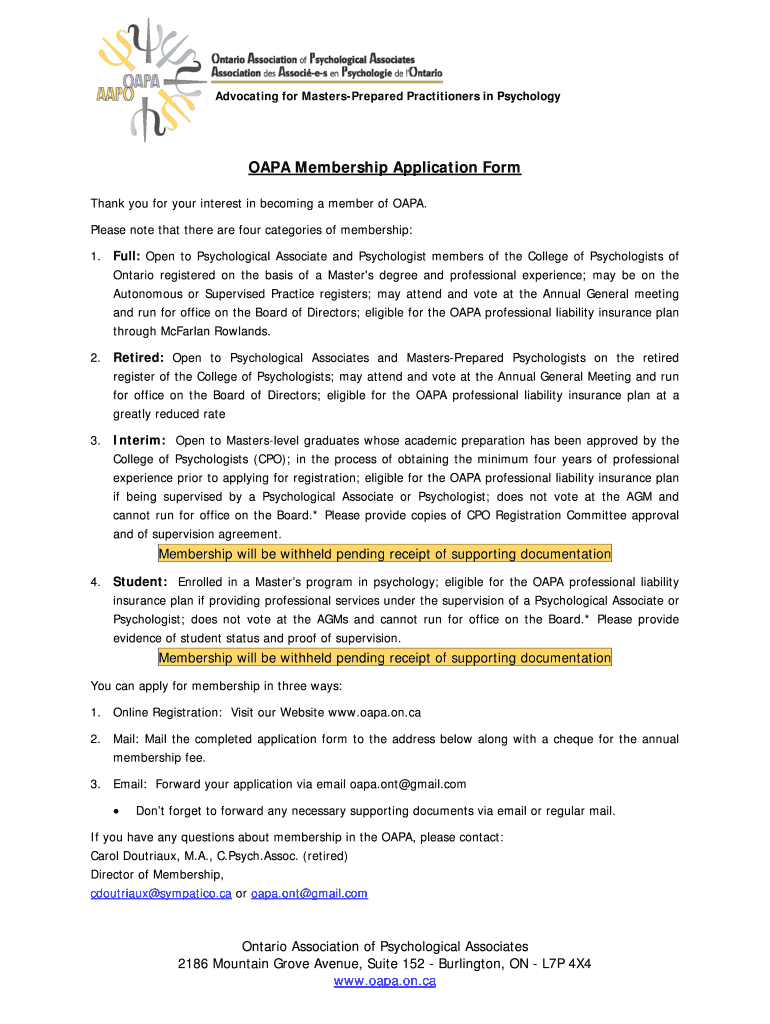 Fillable Online oapa on OAPA Membership Application Form - oapa on Fax Email Print - pdfFiller