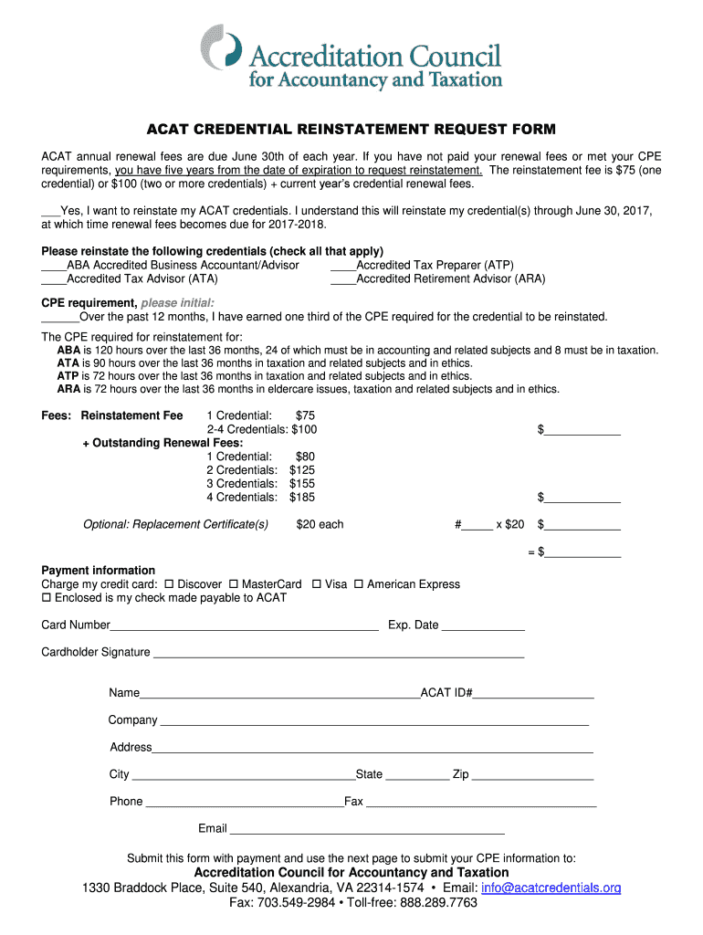 Fillable Online ACAT CREDENTIAL REINSTATEMENT REQUEST FORM Fax Email ...