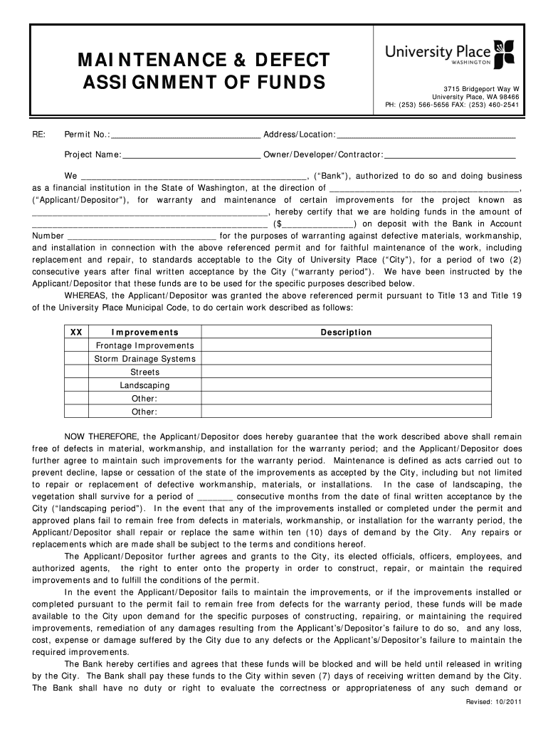Fillable Online MAINTENANCE & DEFECT ASSIGNMENT OF FUNDS Fax Email ...