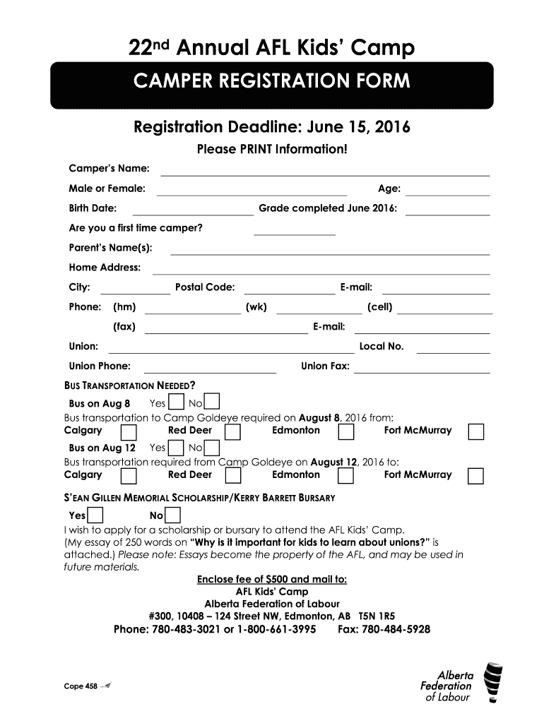 Fillable Online registration for campers - CUPE Alberta Fax Email Print - pdfFiller