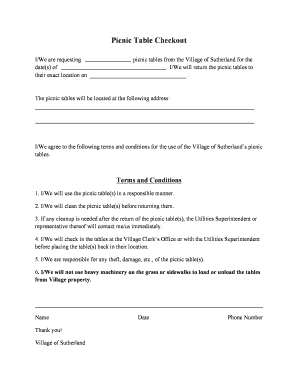 Fillable Online Picnic Table Checkout Form -... Fax Email Print - pdfFiller