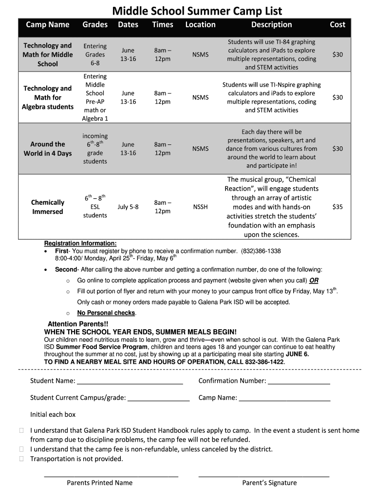 Fillable Online Middle School Summer Camp List - Galena Park ISD Fax Email Print - pdfFiller