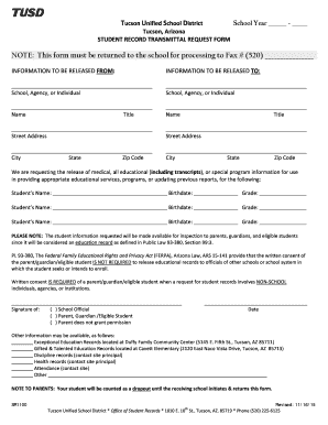 Fillable Online tusd1 NOTE: This form must be returned to the school for processing to Fax Fax ...