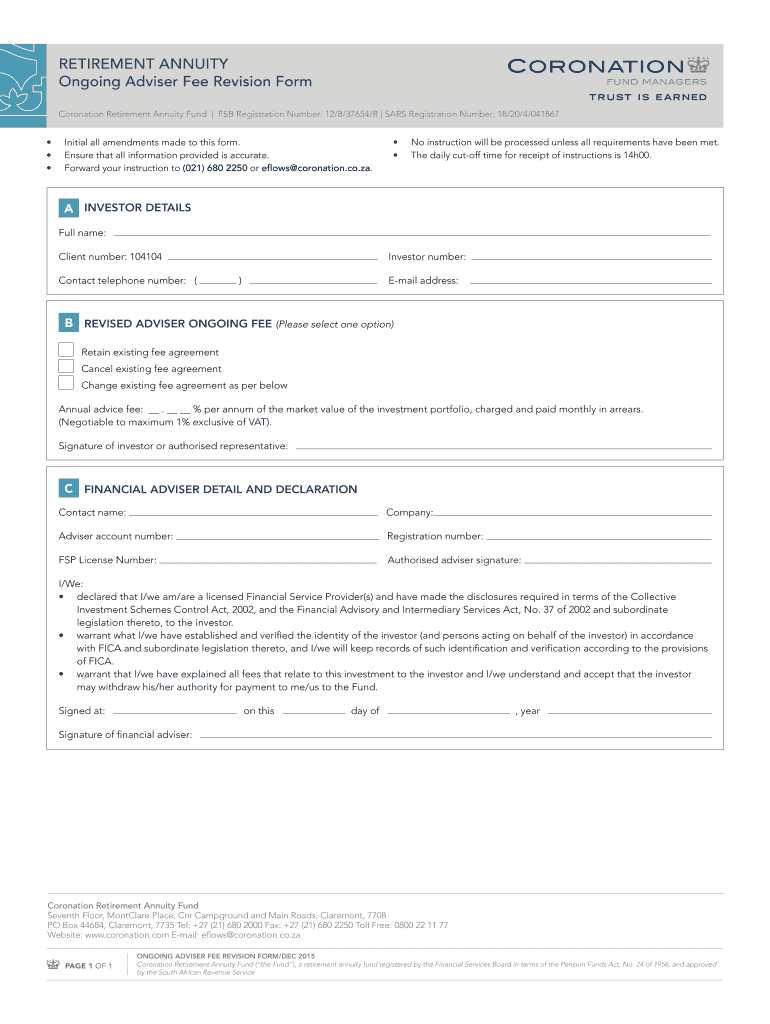 Fillable Online RETIREMENT ANNUITY Ongoing Adviser Fee Revision Form Fax Email Print - pdfFiller