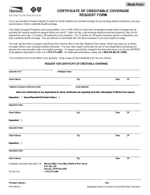Fillable Online Request Form - Certificate of Creditable Coverage ...