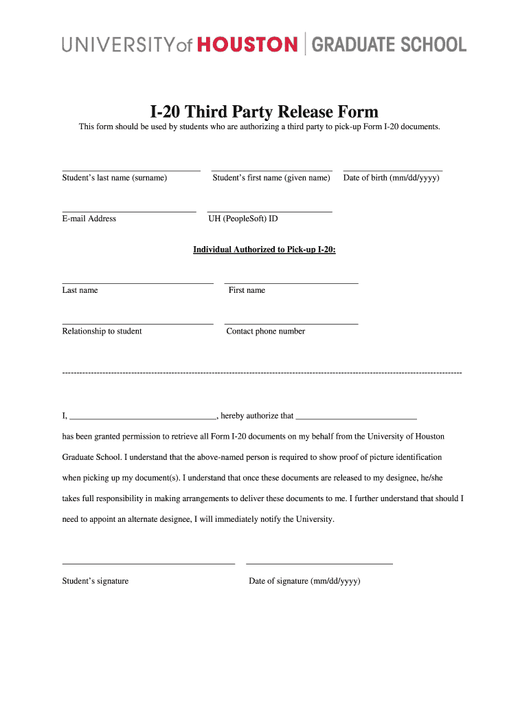 Fillable Online uh I-20 Third Party Release Form Fax Email Print - pdfFiller