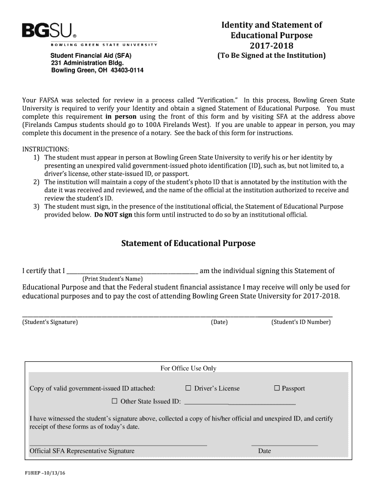 Fillable Online bgsu Identity and Statement of Educational Purpose 2017-2018 Fax Email Print ...