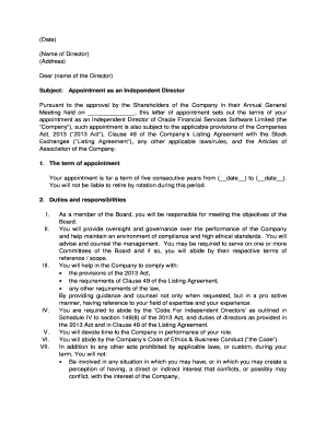 Fillable Online Model letter of appointment of Independent Director ...