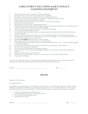 Fillable Online employment solutions safety policy acknowledgements ...