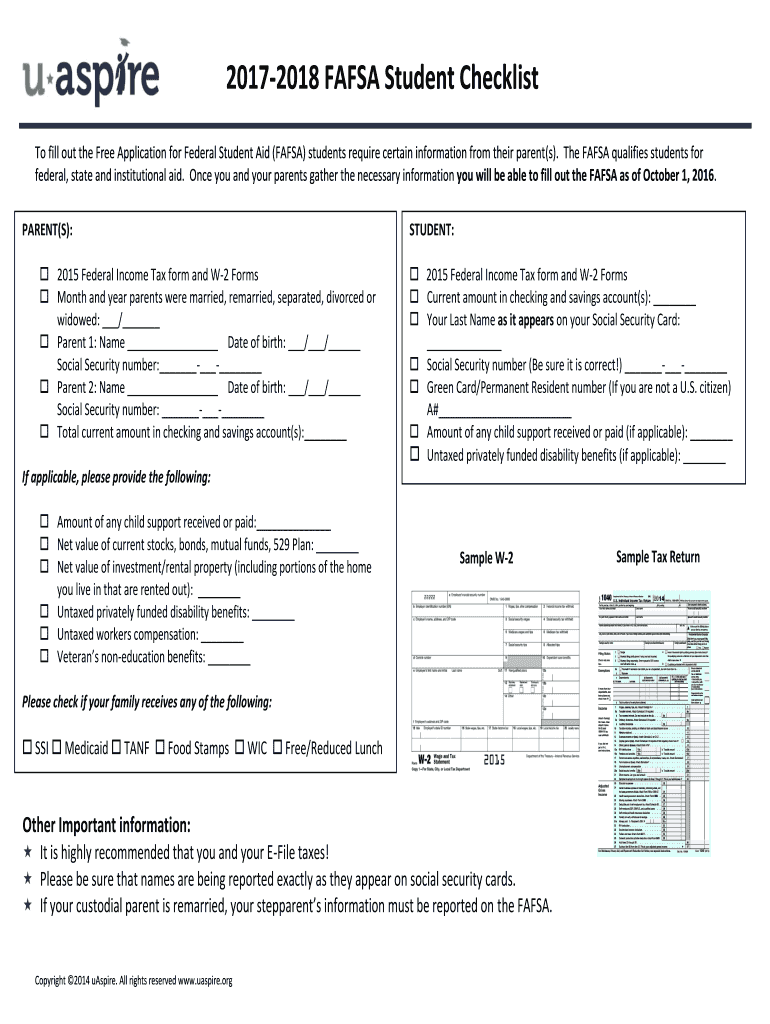 Fillable Online kippindy 2017-2018 FAFSA Student Checklist Fax Email ...