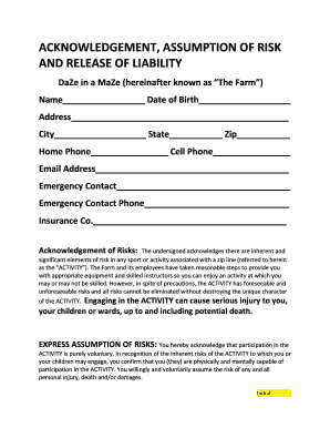 Fillable Online ACKNOWLEDGEMENT, ASSUMPTION OF RISK Fax Email Print ...