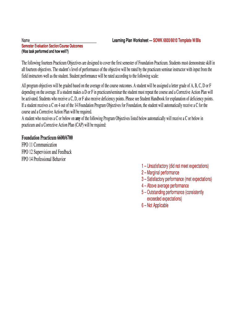 Fillable Online valdosta Learning Plan Worksheet SOWK 6600/6610 ...
