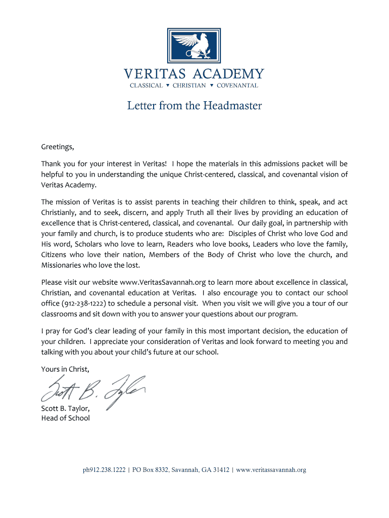 Fillable Online veritassavannah Letter from the Headmaster - Veritas ...