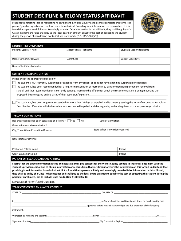 Fillable Online STUDENT DISCIPLINE & FELONY STATUS AFFIDAVIT Fax Email ...