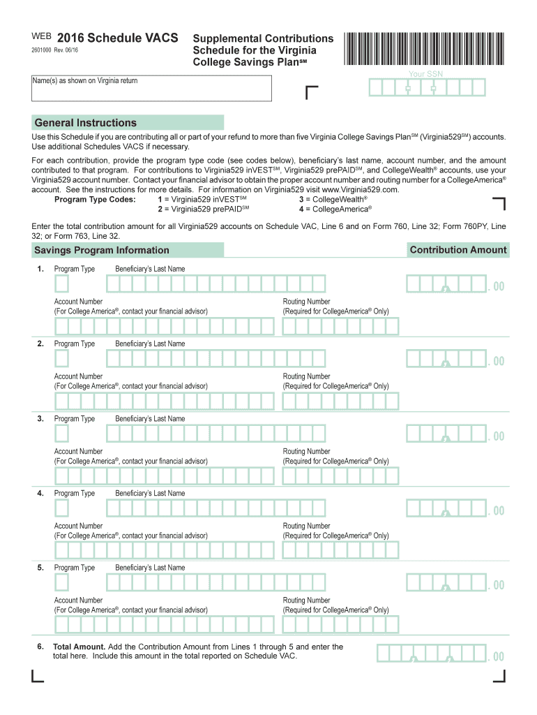 Fillable Online 2016 Schedule VAC Virginia Supplemental Contributions ...