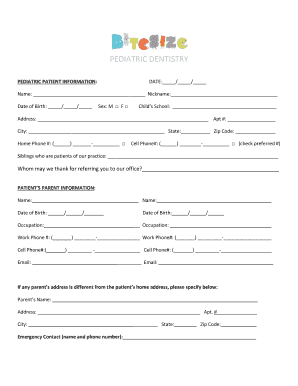 Fillable Online PEDIATRIC PATIENT INFORMATION: Fax Email Print - pdfFiller